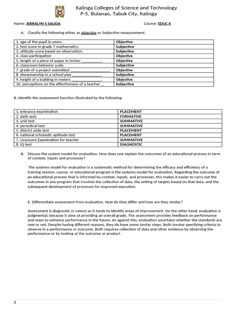 educ 6 answer | PDF | Validity (Statistics) | Educational Assessment