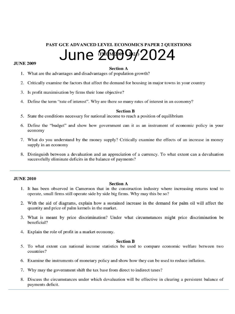 PAST GCE AL ECONOMICS From 2009 To 2024 QUESTIONS | PDF
