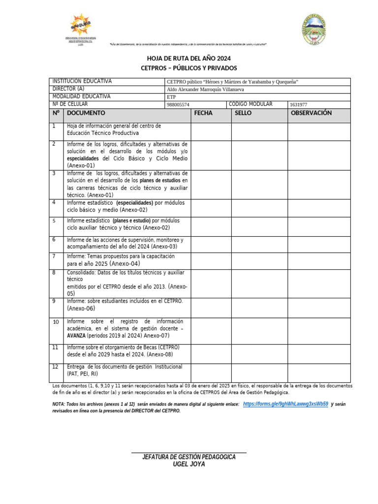 Hoja de Ruta Del Año Cetpro 2024 Ugel La Joya | PDF