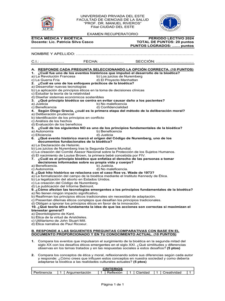 Examen de Ética Médica y Bioética 2024 | PDF | Bioética | Filosofía ...