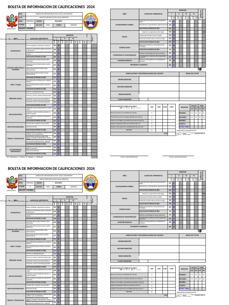Boleta de Calificaciones 2024 Primaria | PDF | Aprendizaje