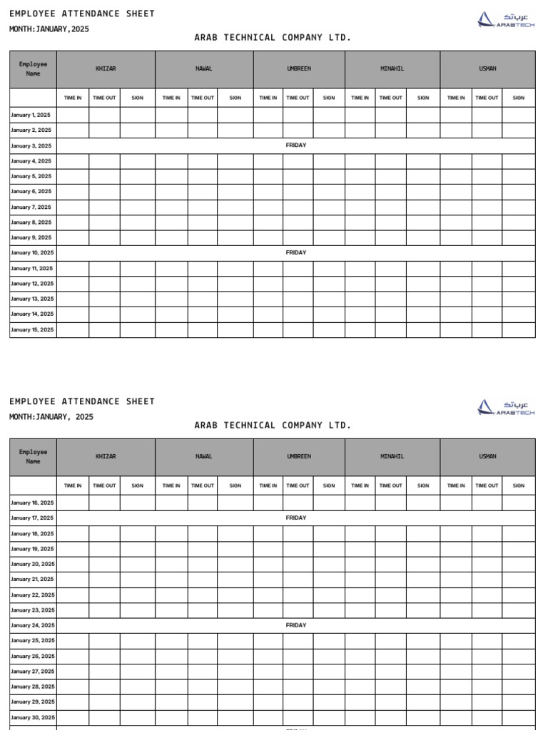 January 2025 Attendance Log | PDF