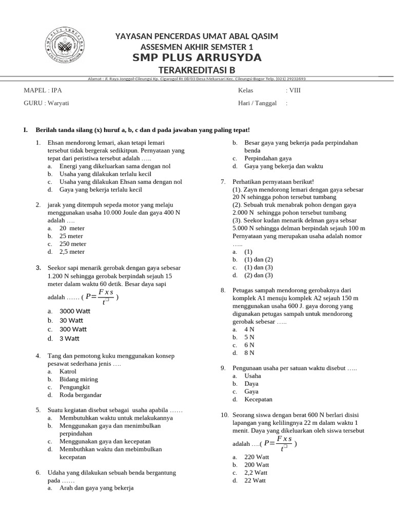 soal pas ipa kelas 8 smt 1 | PDF