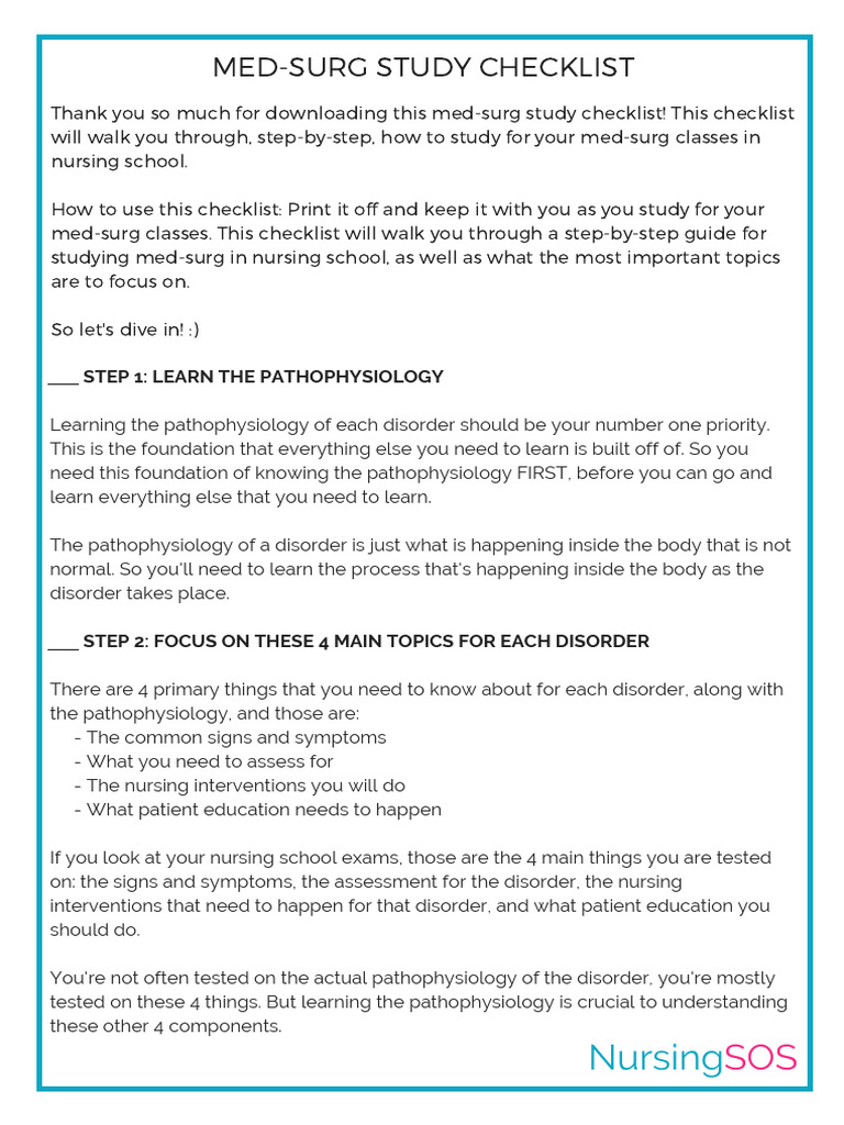 Med Surg Study Checklist | PDF | Nursing | Learning