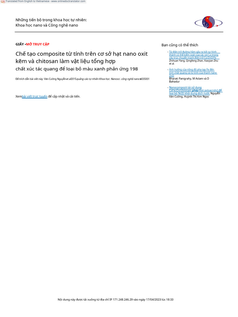 Dich. Điều Chế Compozit Từ Tính Trên Cơ Sở Hạt Nano Oxit Kẽm Và Chitosan Làm Chất Xúc Tác Quang ...