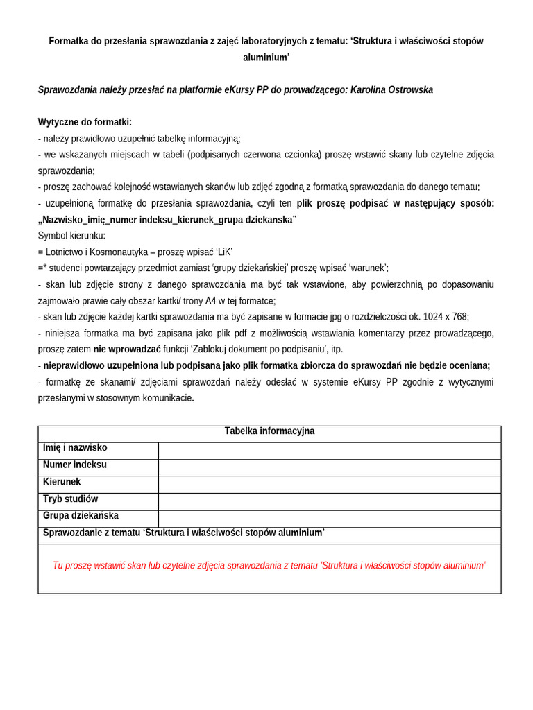 Formularz do przesłania sprawozd-stopy Al | PDF