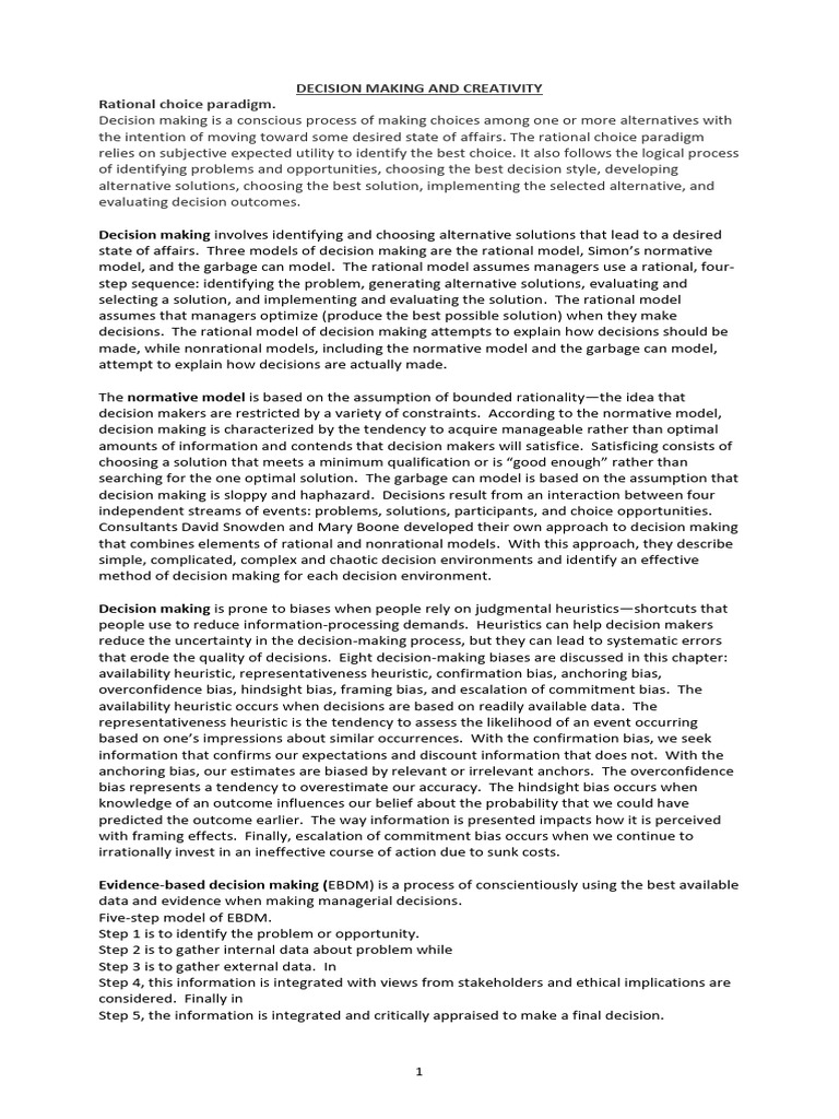 Summary - Decision Making and Creativity | PDF | Decision Making | Rationality