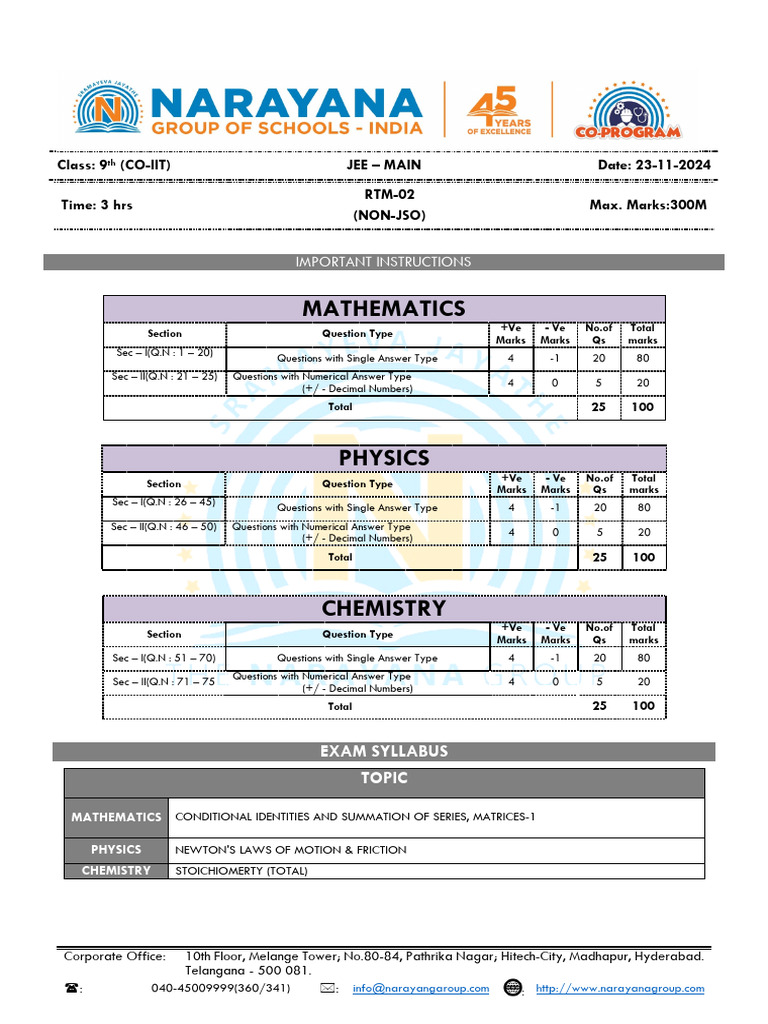9TH CO-IIT RTM-02 JEE-MAIN QP DT 23-11-2024 | PDF | Mole (Unit ...