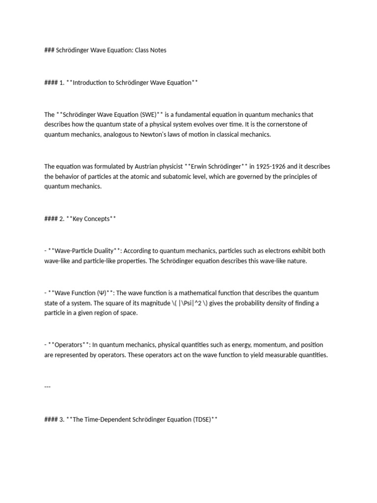 Schrödinger Wave Equation Notes | PDF | Schrödinger Equation | Quantum ...