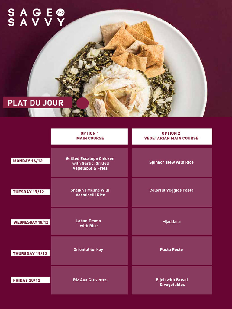 Sage & Savvy BY Cafeteria Pricelist and Plat Du Jour Menu For Next Week ...