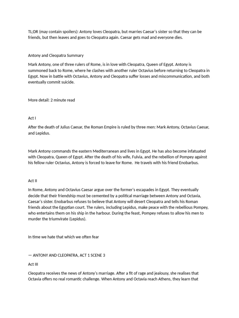 Antony and CLEOPATRA Analysis IGCSE English Literature | PDF | Mark ...