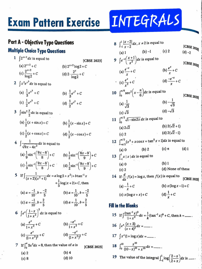 XII-INTEGRALS (Practice Questions) Year 2025 | PDF