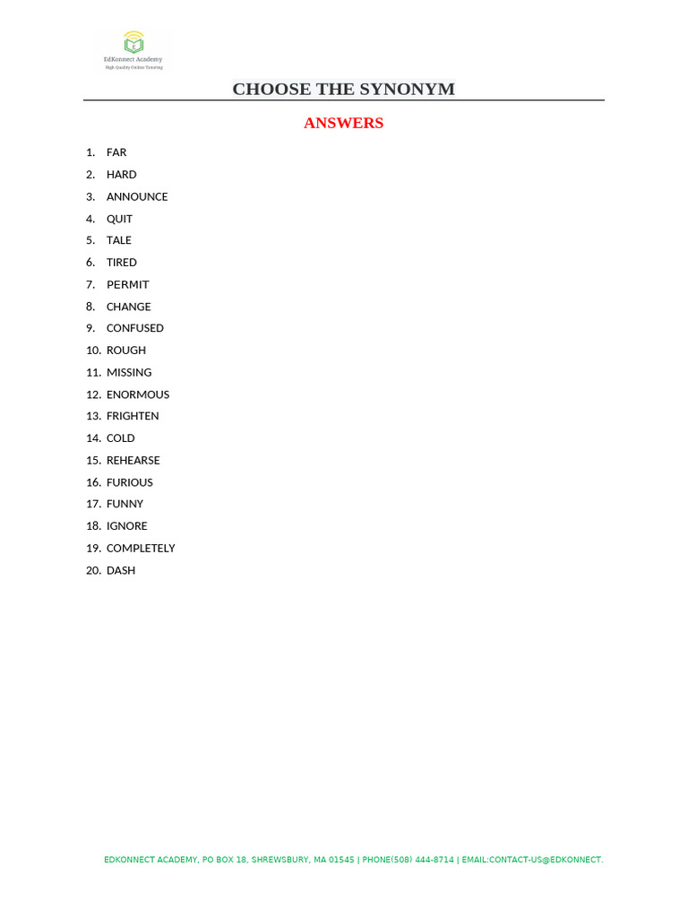 CHOOSE THE SYNONYM ANSWERS | PDF