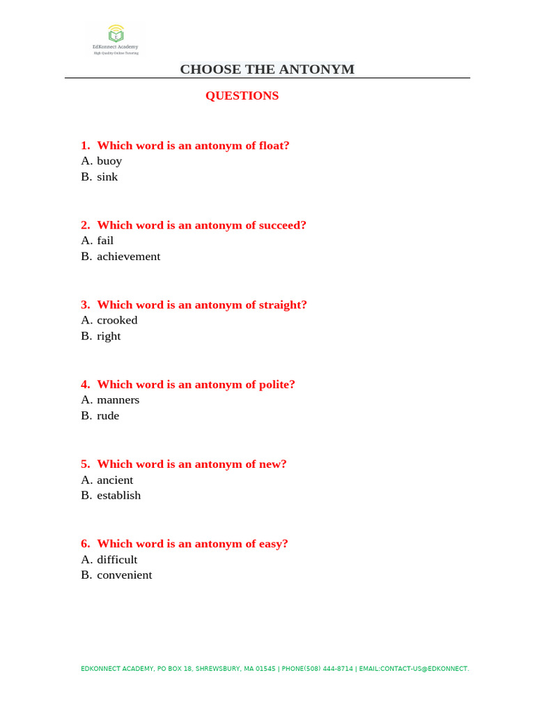 Choose The Antonym Questions | PDF