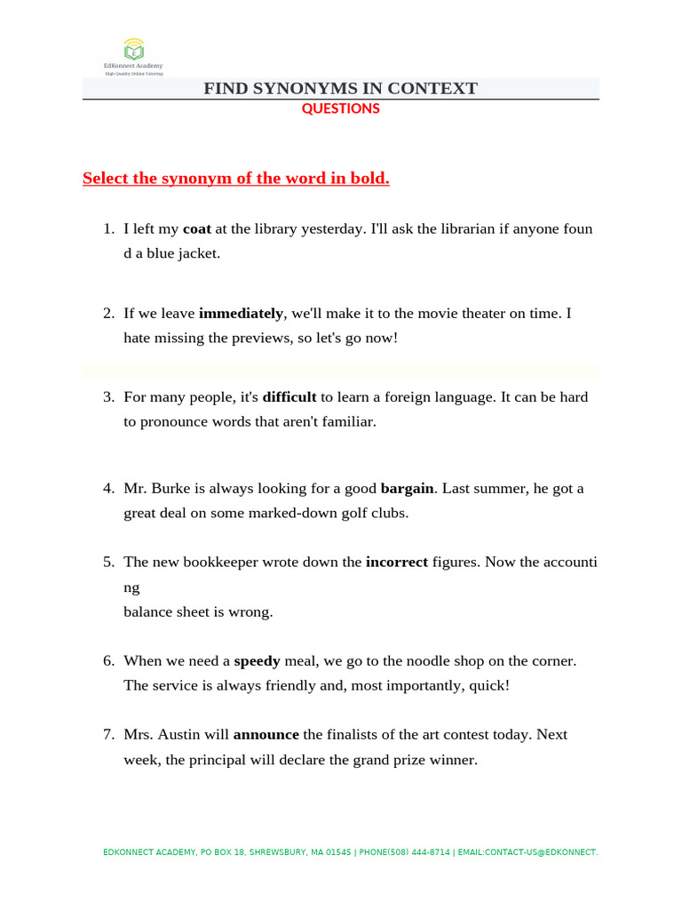 Synonym Selection Practice | PDF