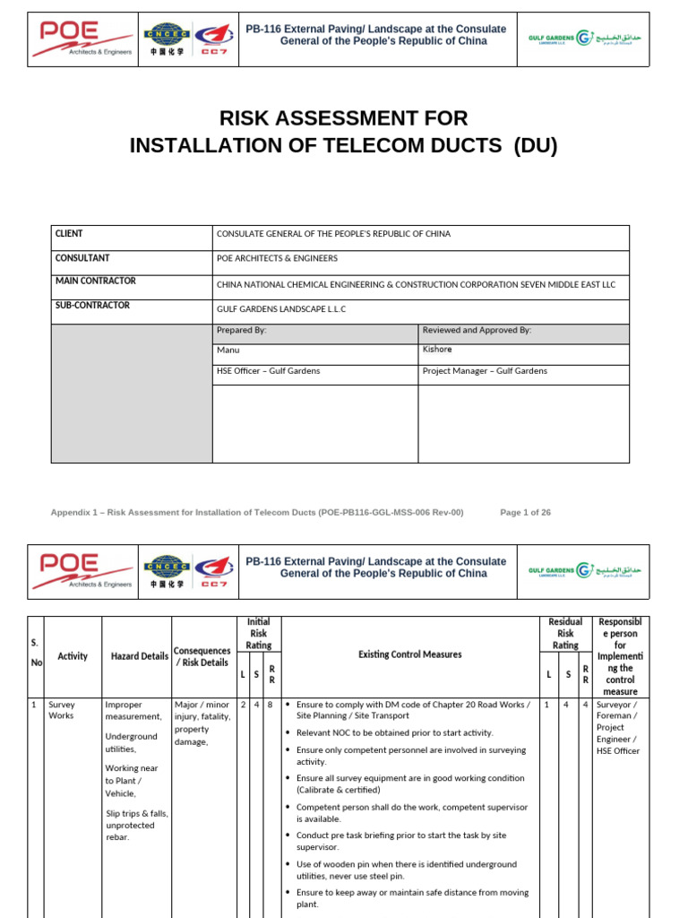 Risk Assessment For Excavation & Laying of Telecom Ducts | PDF | Crane ...