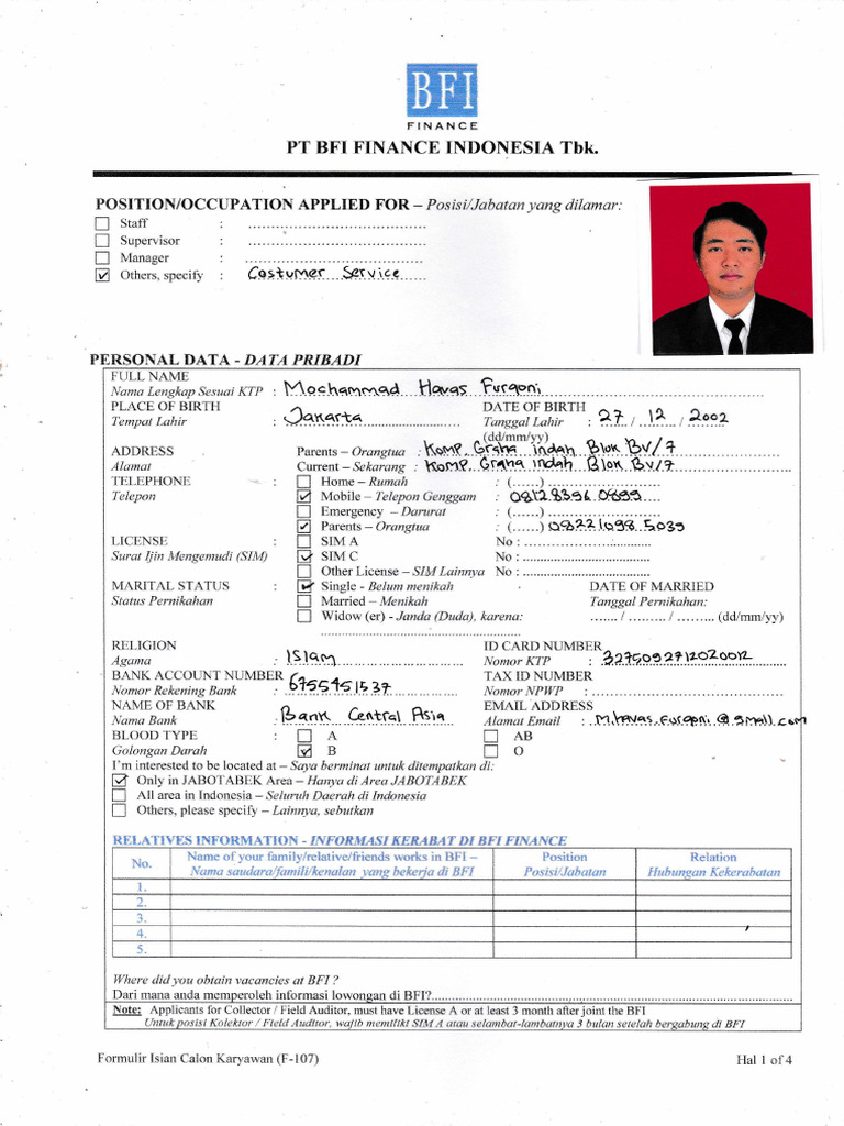 Form Pengisian Calon Karyawan + KTP | PDF