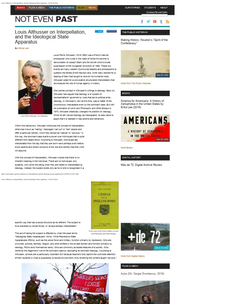 Louis Althusser On Interpellation, and The Ideological State Apparatus ...