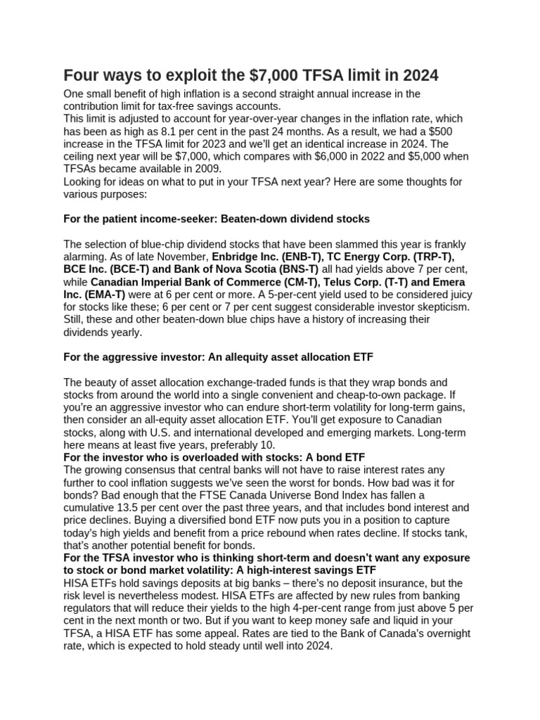 Four ways to exploit the $7,000 TFSA limit in 2024 | PDF | Bonds ...