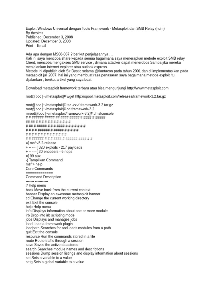 Exploit Windows Universal Dengan Tools Framework - Metasploit Dan SMB Relay (Hdm) | PDF ...