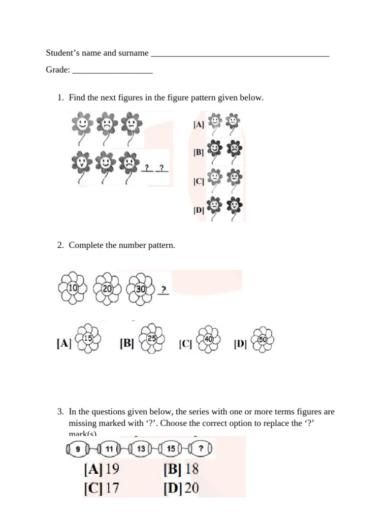 Grade 1 Logic and Math Patterns Test | PDF
