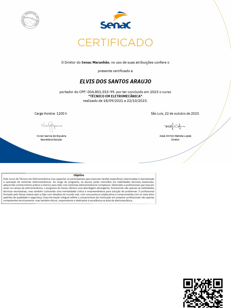 Certificado Curso Técnico em Eletromecânica | PDF