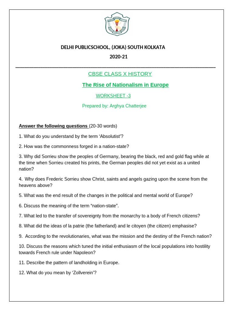 History Class X - Rise of Nationalism in Europe - Worksheet 3 | PDF ...