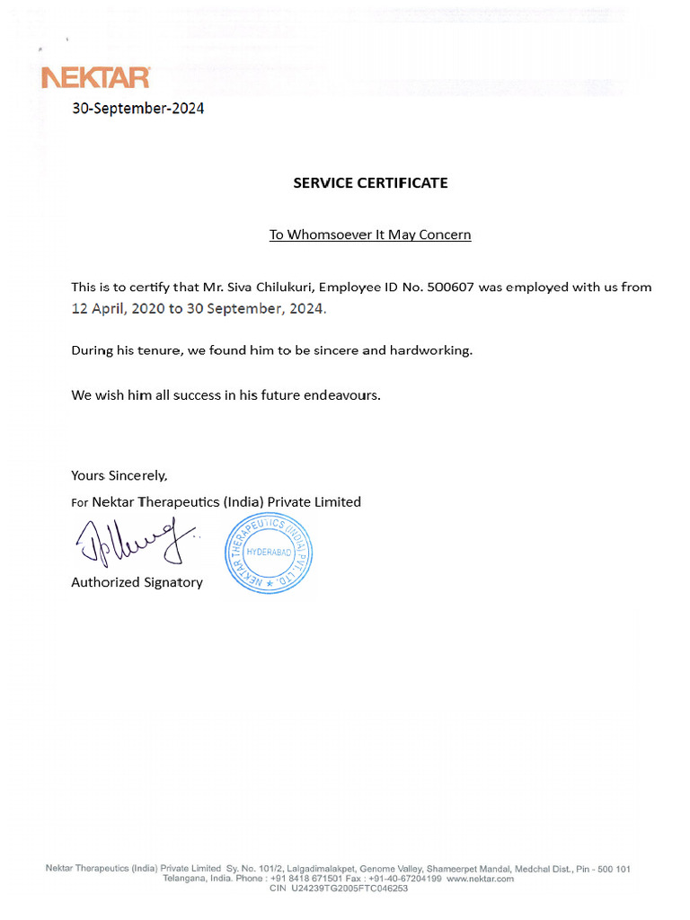 Nektar Service Certificate | PDF