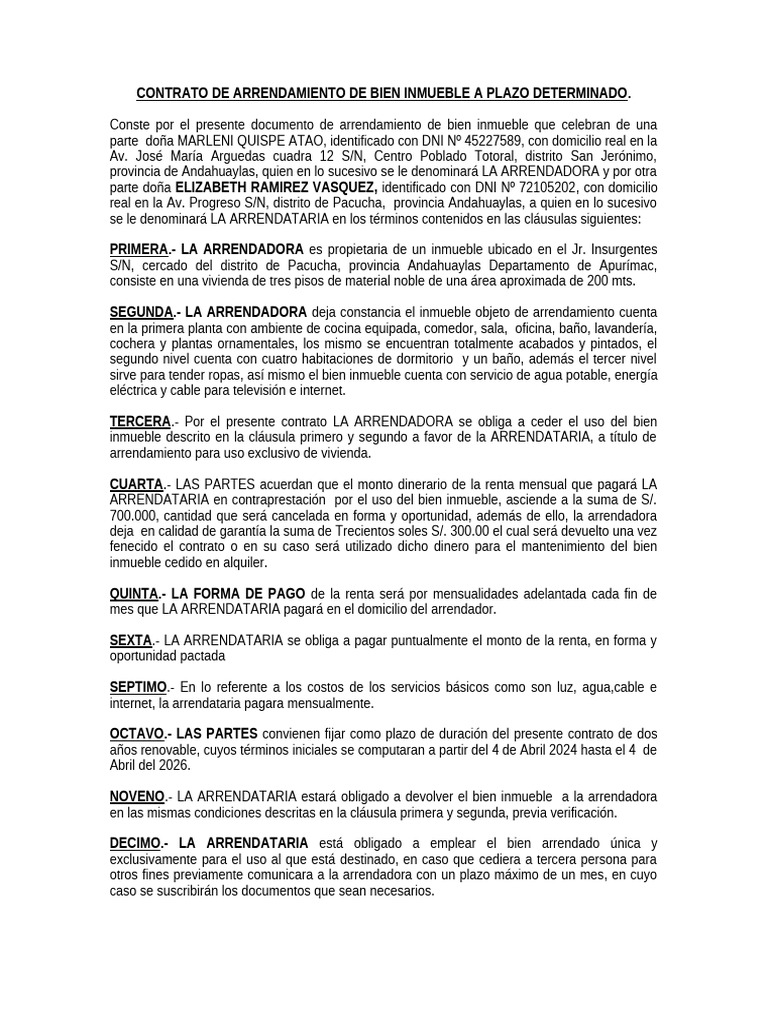 Contrato de Arrendamiento de Bien Inmueble A Plazo Determinado | PDF