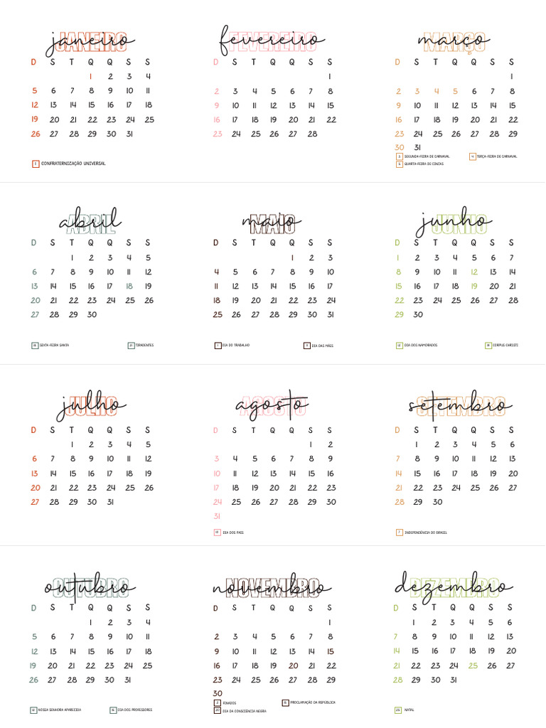 Calend rio Elegante Mini - Folha A4 | PDF