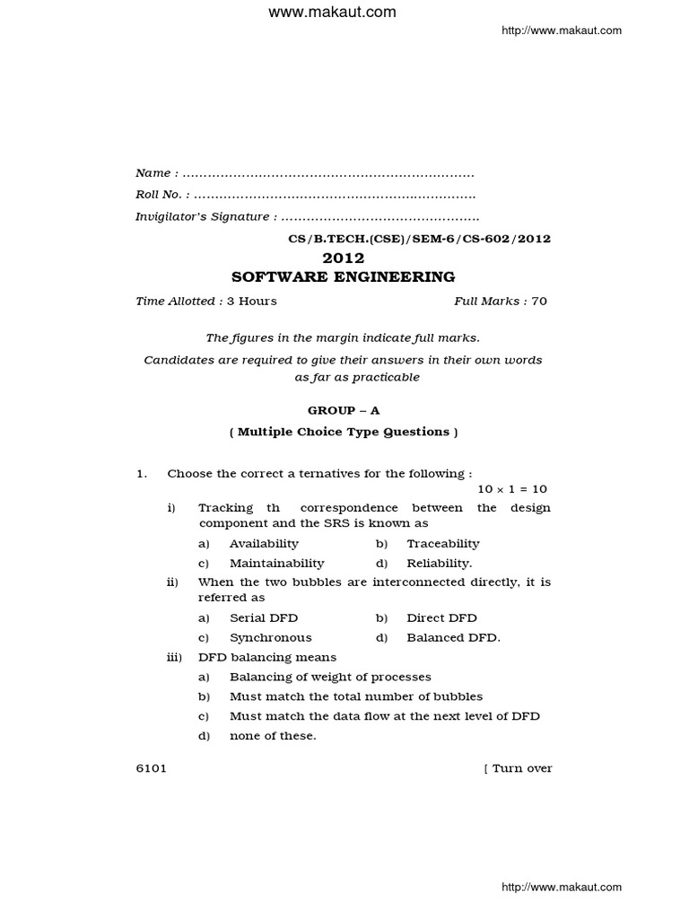 Btech Cse 6 Sem Software Engineering 2012 | PDF | Software Testing ...