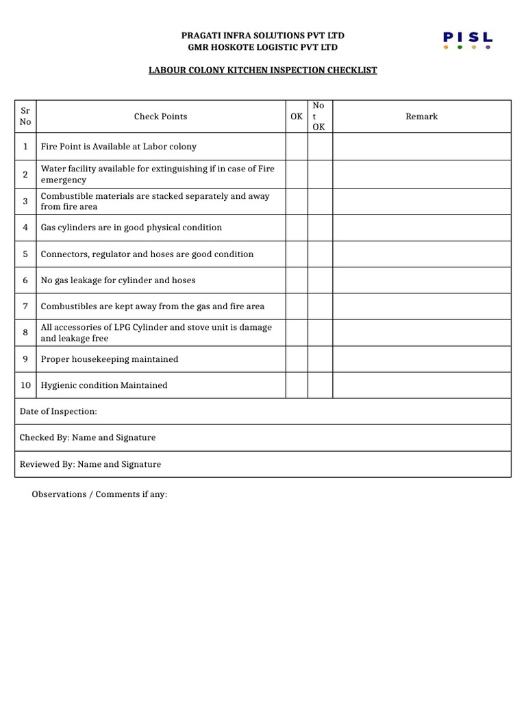 Labor Colony Kitchen Safety Checklist | PDF