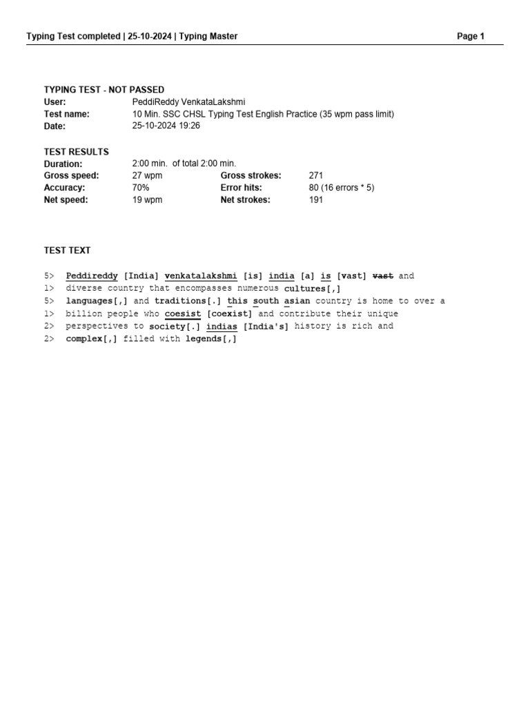 Peddireddy Venkatalakshmi 10 Min. SSC CHSL Typing Test English Practice ...