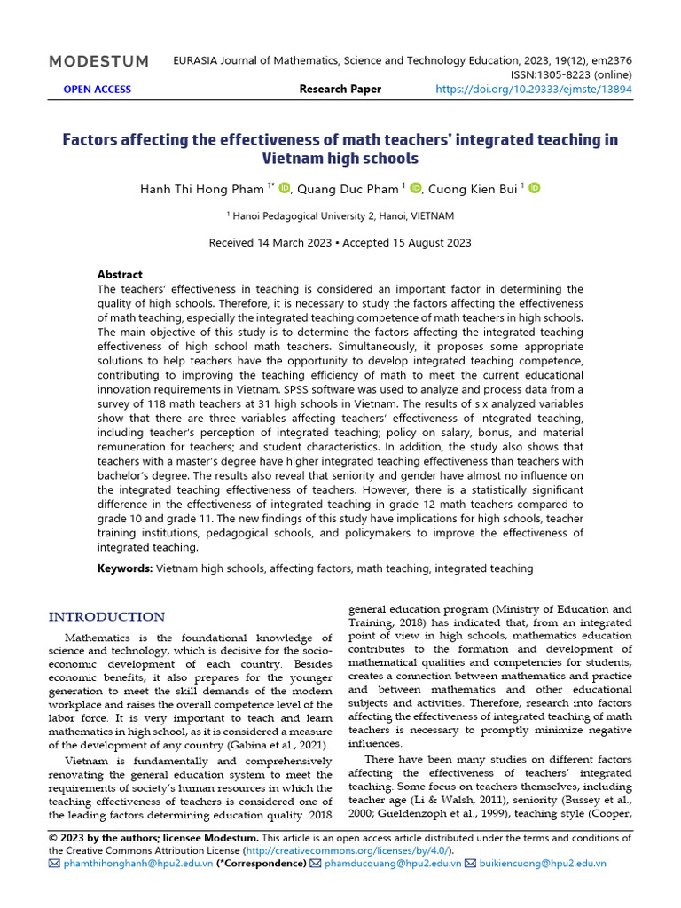 Factors Influencing Math Teaching in Vietnam | PDF | Teachers | Survey ...