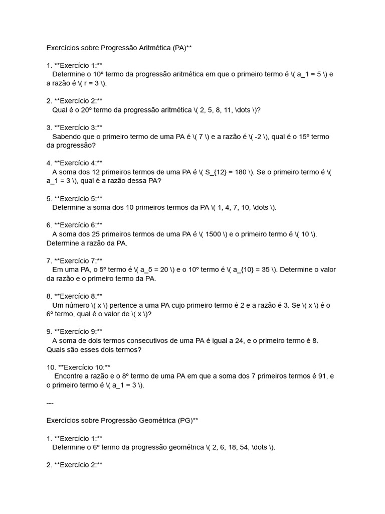 Exercícios de PA e PG com Gabarito | PDF | Matemática | Analise matemática