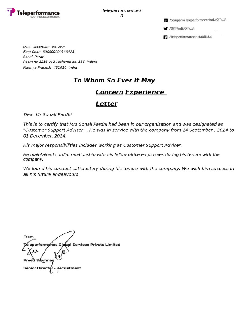 Teleperformance Experience Letter | PDF