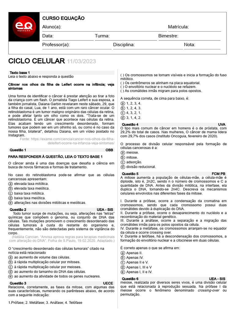Questões Ciclo Celular Pdf Meiose Mitose 8056