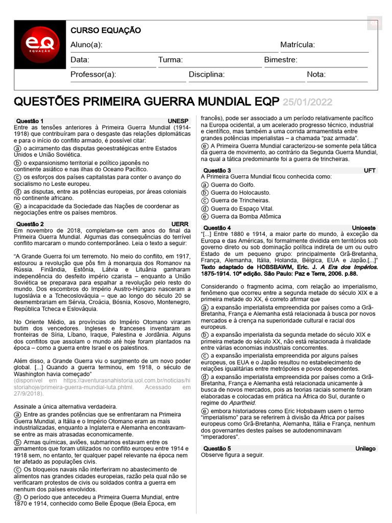 Questões Primeira Guerra Mundial Eqp | PDF | Europa | Primeira Guerra Mundial