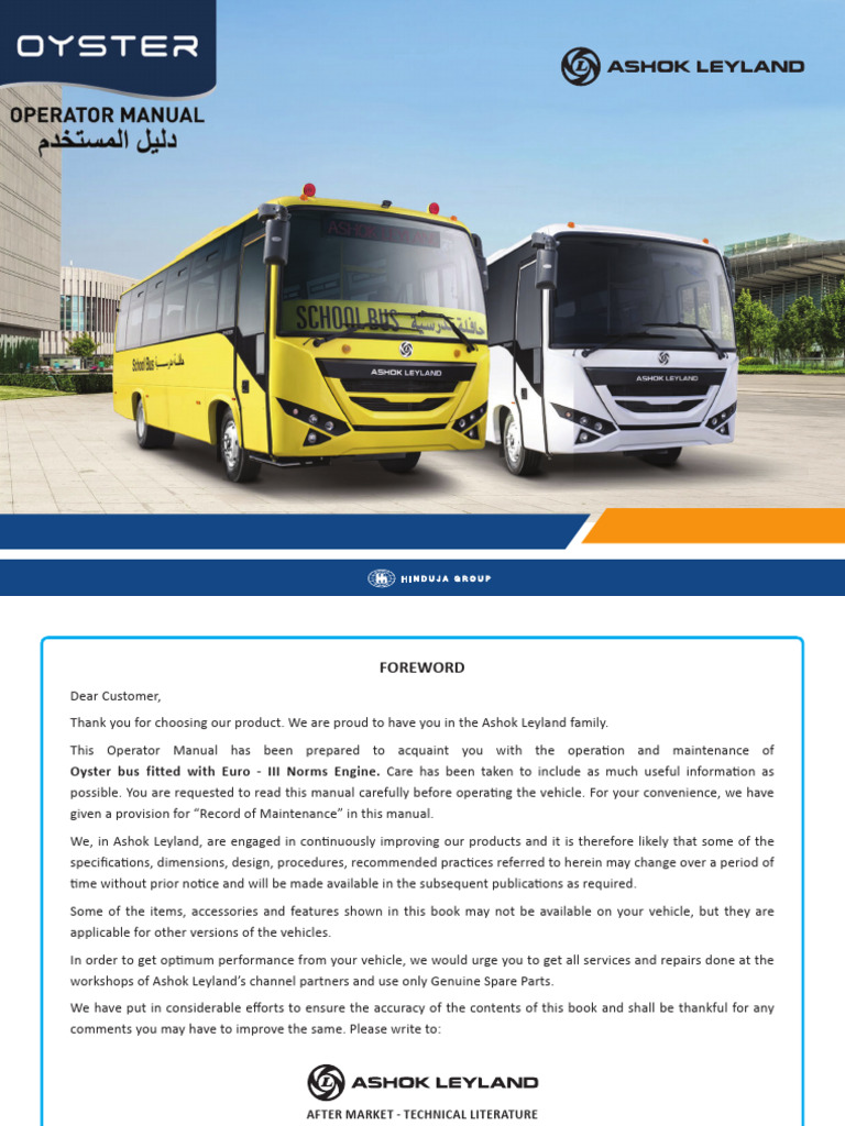 Ashok Leyland Oyster Bus Operator Manual | PDF | Vehicles | Steering