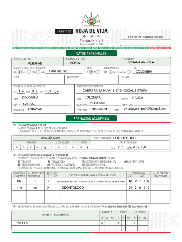 Hoja de Vida Viviana Perafan Firma | PDF