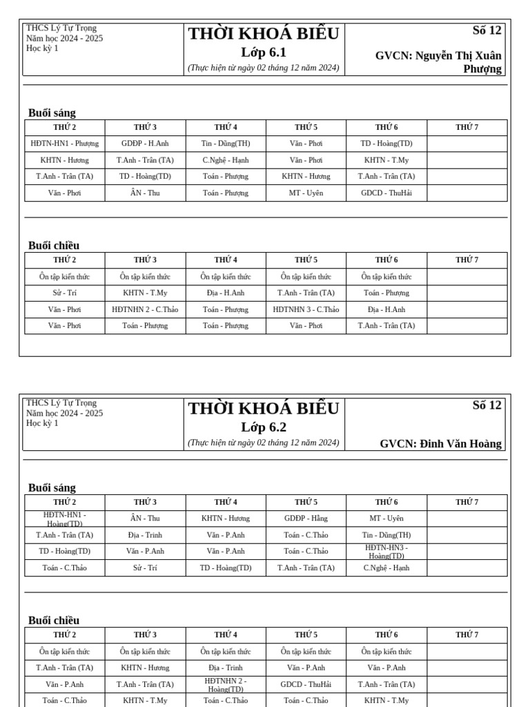 12. TKB Số 12 HS các lớp học - Áp dụng từ 02-12-2024. | PDF