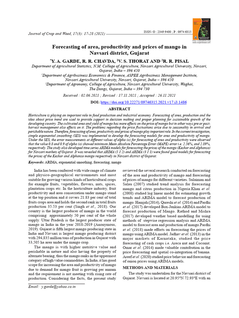Forecasting Of Area Productivity And Prices Of Mango In Navsari District Gujarat Pdf