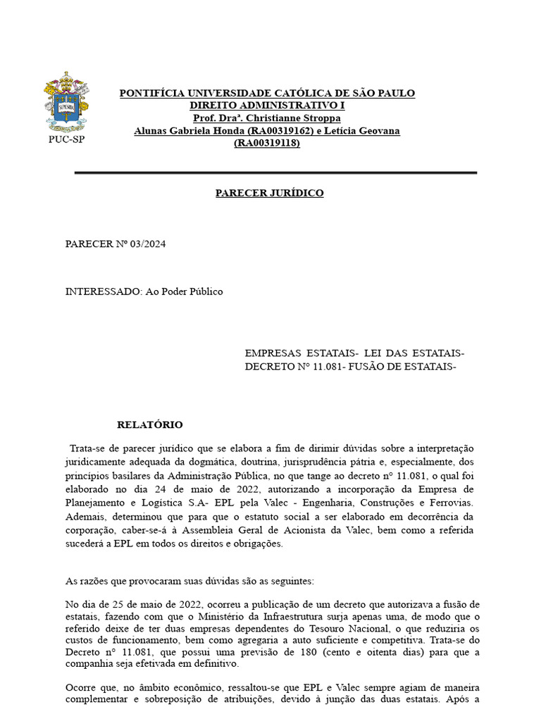 Parecer Jurídico sobre Fusões de Estatais | PDF | Administração pública ...