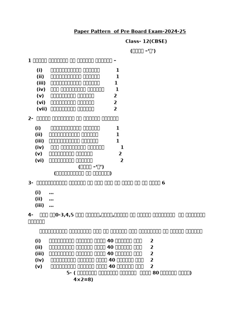 Paper Pattern Pre Board Exam 2024-25 (Class-12 CBSE) | PDF