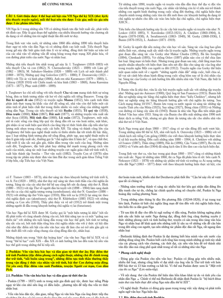 Đề cương vh Nga | PDF