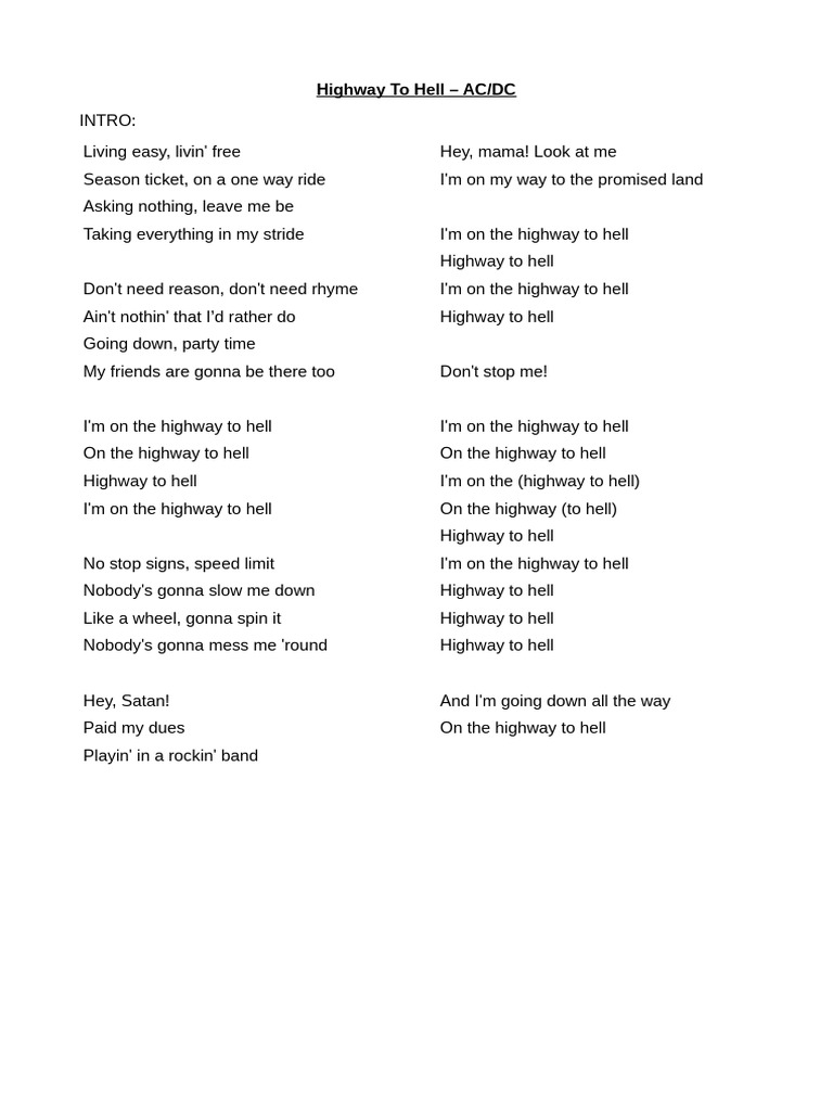 Highway To Hell - Acdc | PDF