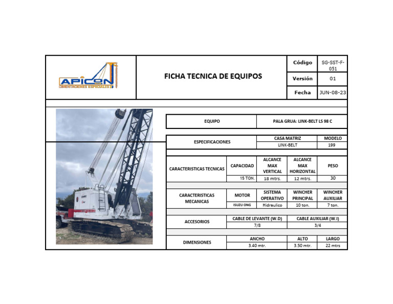 Ficha Técnica Pala Grúa Link-Belt LS 98 C | PDF