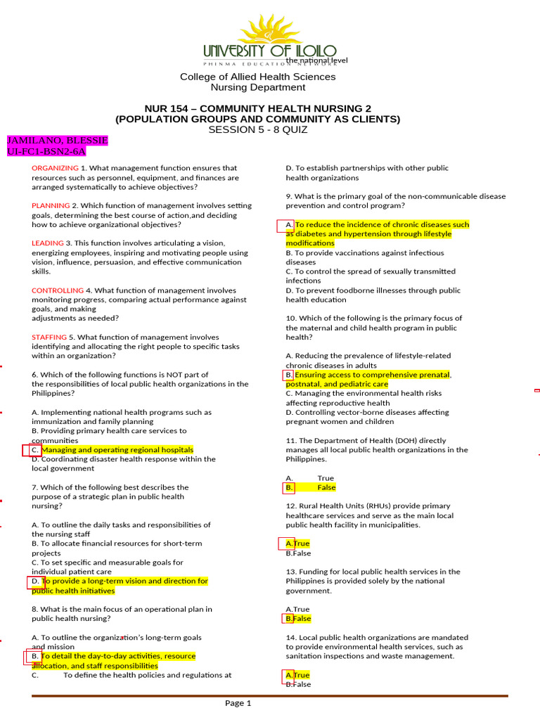 CHN Session 5 8 Quiz 1 | PDF | Public Health | Health Care