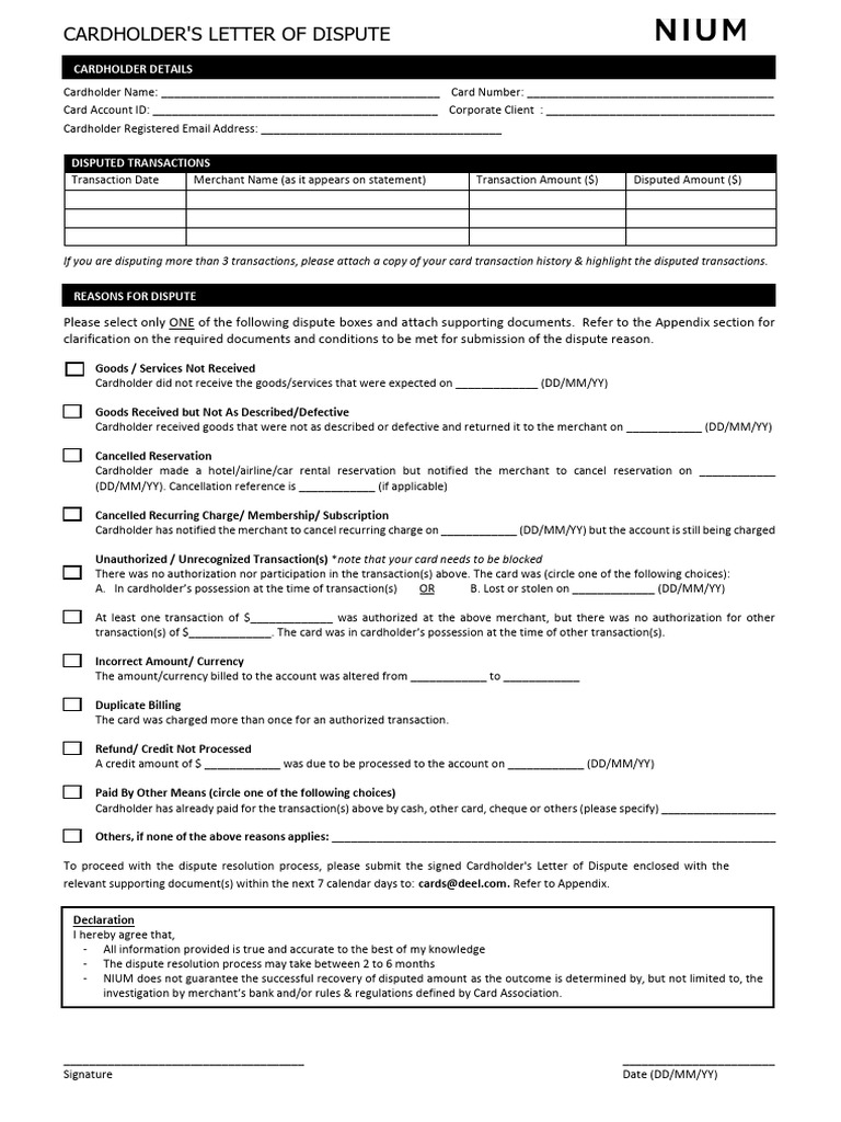 Cardholder Letter of Dispute Nium (1) | PDF | Credit Card | Receipt