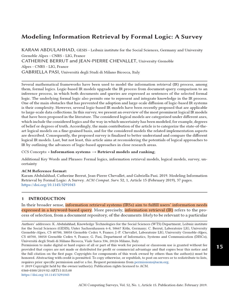 2019 - Modeling Information Retrieval by Formal Logic - A Survey | PDF | Logic | Interpretation ...